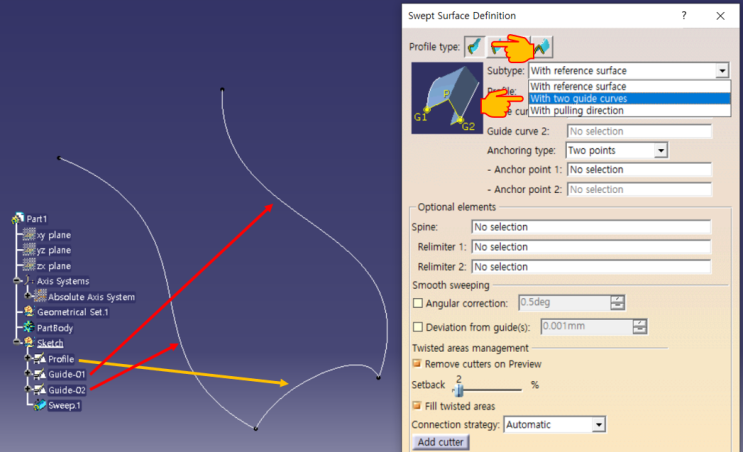 Sweep) With two guide curves, Spine [CATIA SURFACE TIP] : 네이버 블로그