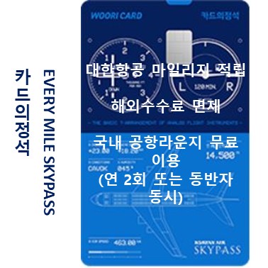 공항 라운지 동반자 무료 신용카드 추천 우리카드 카드의 정석 에브리 마일 스카이패스 EVERY MILE SKYPASS(대한항공 마일리지 적립) : 네이버 블로그