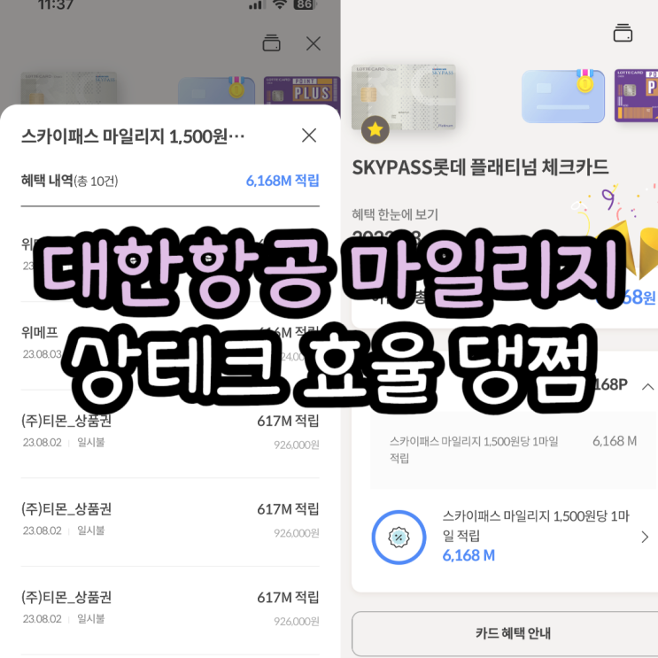 대한항공 마일리지 적립 상테크 롯데카드 효율적인 꿀팁 대방출 네이버 블로그