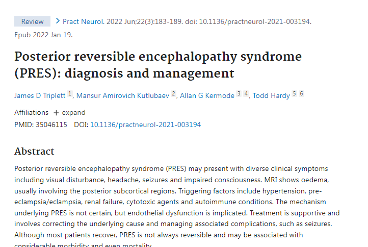 Posterior reversible encephalopathy syndrome (PRES) - 타병원 환자 문의 사항 ...