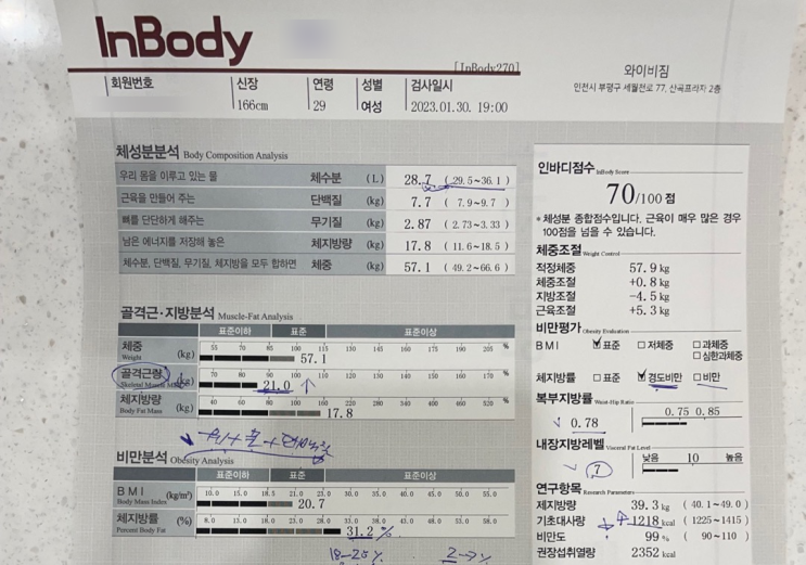 청천동 헬스장 와이비바디핏 와이비짐임oo회원님 인바디 비포애프터 네이버 블로그