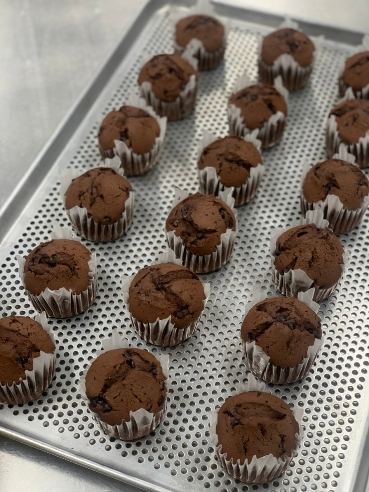 제과기능사 실기 1일차 초코머핀 초코컵케이크 배합표 레시피 만드는 법 크림법 반죽 온도 패닝 머핀 팬 유산지컵 짤주머니사용 굽기 ...