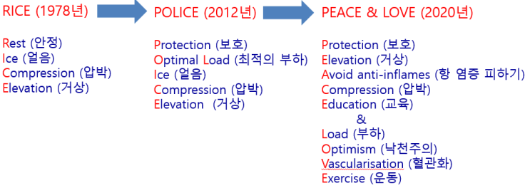 스포츠 손상, 응급처치의 새로운 패러다임이 제안되고 있다. RICE (1978년) POLICE (2012년) PEACE ...