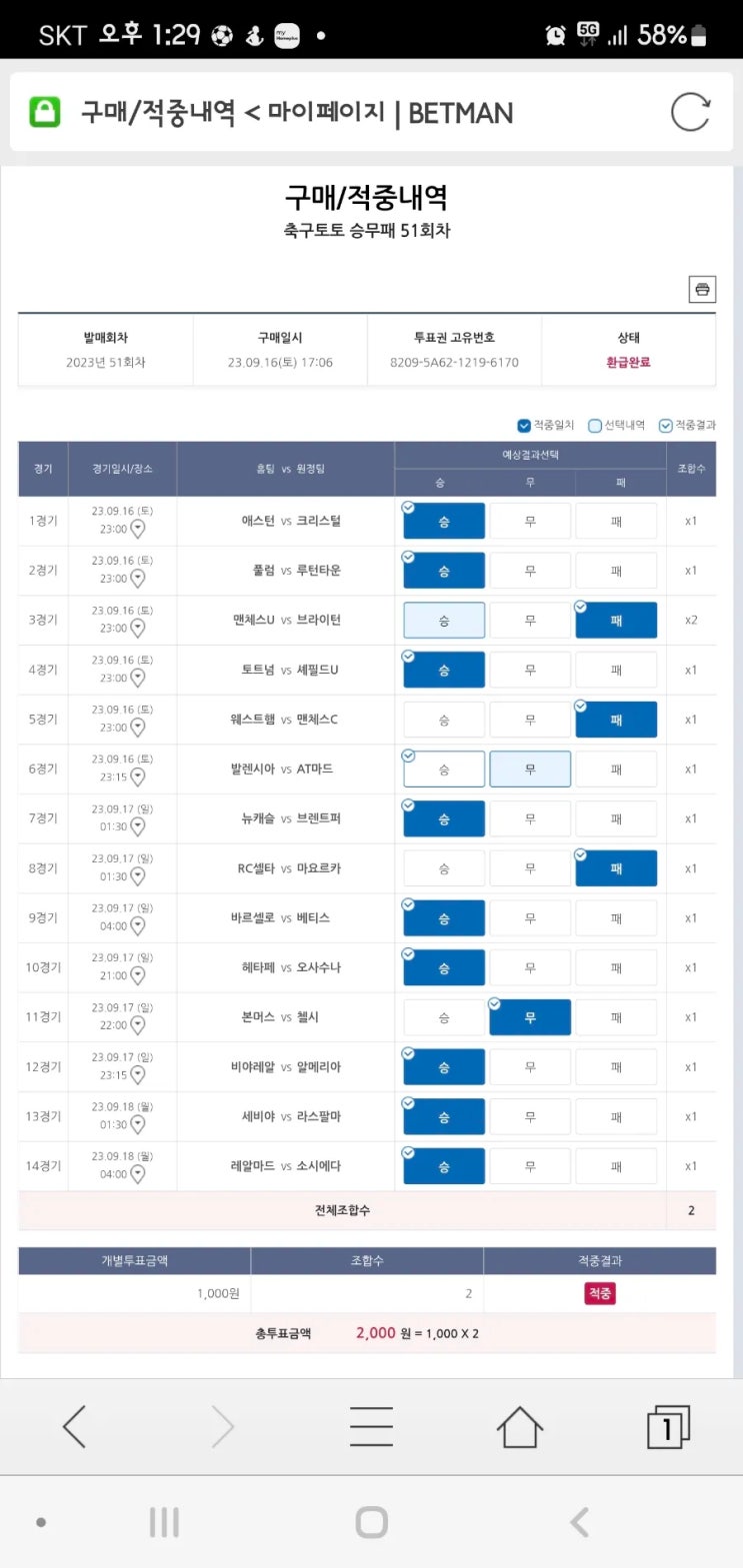 승무패 2등 당첨!!!! : 네이버 블로그