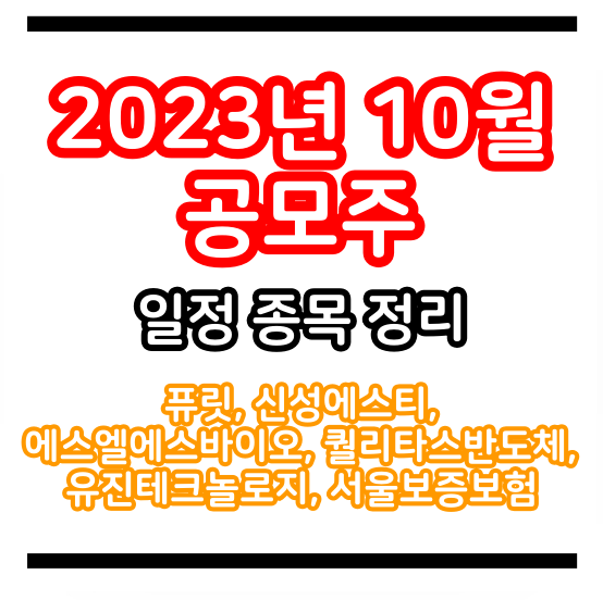 2023년 10월 공모주 청약 일정 기업퓨릿 신성에스티 에스엘에스바이오 퀄리타스반도체 유진테크놀로지 서울보증보험