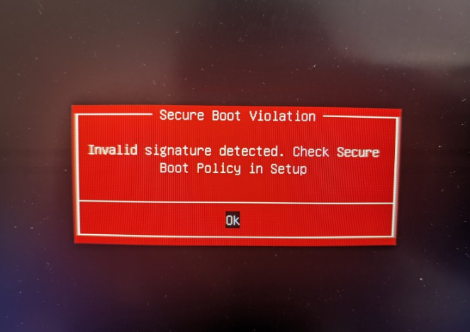 Secure Boot Violation 경고 메세지 해결 방법 (Invalid signature detected. Check ...