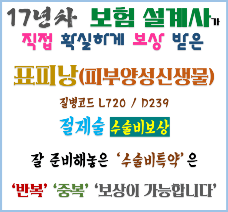 (보험TIP) 표피낭 L720, 피부의 양성신생물 D239 병변절제술 수술비 특약으로 중복해서 190만원 보상완료 : 네이버 블로그