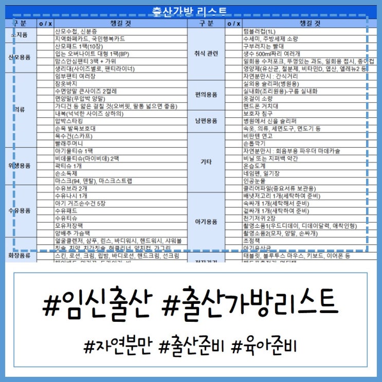 임신출산 자연분만 출산가방 출산준비물 출산용품 육아용품 출산가방리스트 엑셀파일 네이버 블로그
