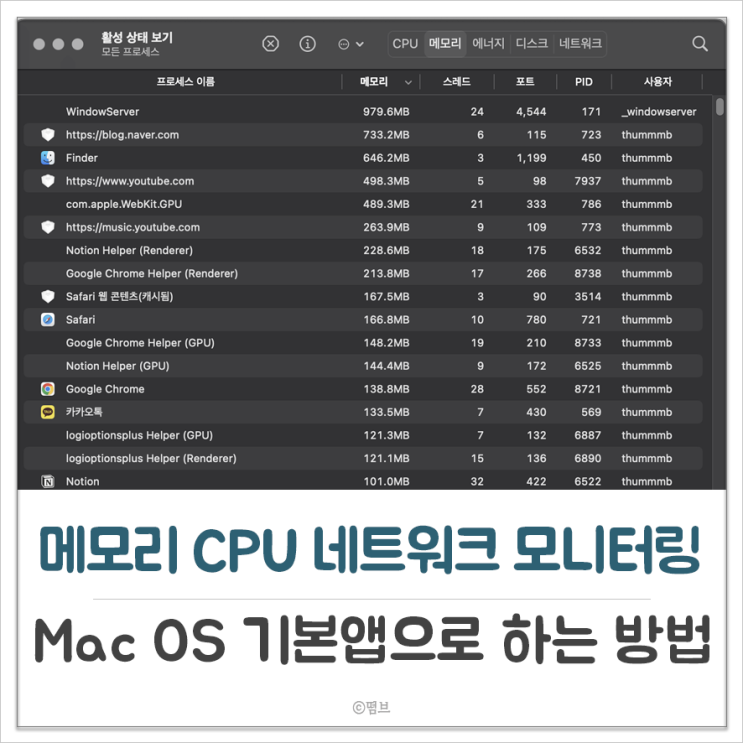 Mac OS 기본 앱으로 메모리 CPU 네트워크 모니터링하는 방법 : 네이버 블로그