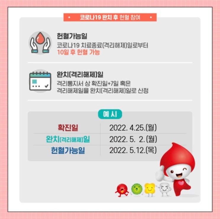 코로나 확진자 완치격리해제후 10일 경과후 헌혈 가능 22년 4월 26일 ~ 부터 적용 Feat 백신 접종후 일주일