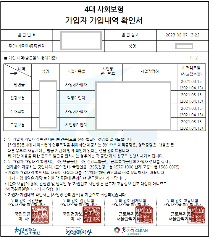 중기청대출심사 서류 준비 중소기업취업청년 전월세보증금대출 서류준비 4대보험가입확인서발급 고용보험자격이력내역서 발급 건강