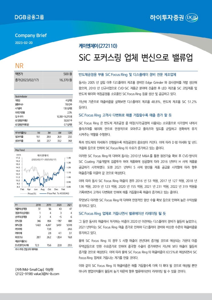 [케이엔제이] SiC포커스링 업체 변신으로 밸류업- 하이투자증권 23.02.20 : 네이버 블로그
