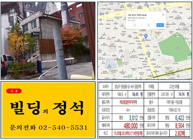 강남구 도산대로 청담사거리 40억 꼬마빌딩 실거래가 조회 청담동 62 49 청담역 48억 원 평당 8504만 원