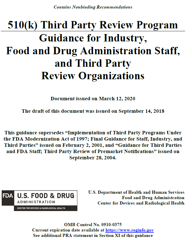 FDA 510(k) Third Party Review Program Guidance for Industry, Food Drug ...