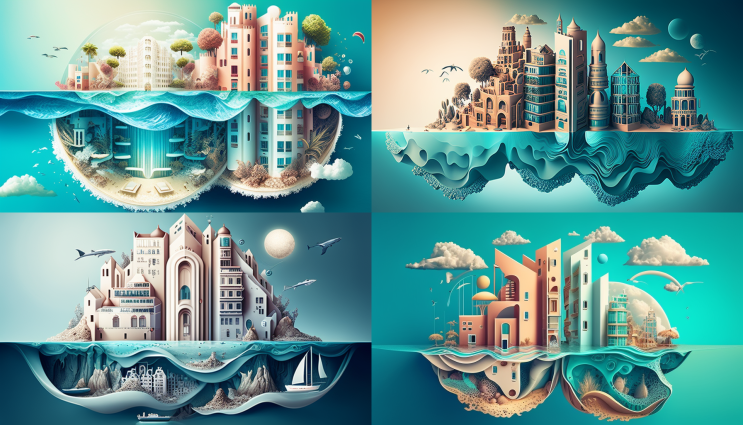 Art gallery : AI 이미지 - 바다와 아파트 이미지surreal fantasy apartments abstract ...