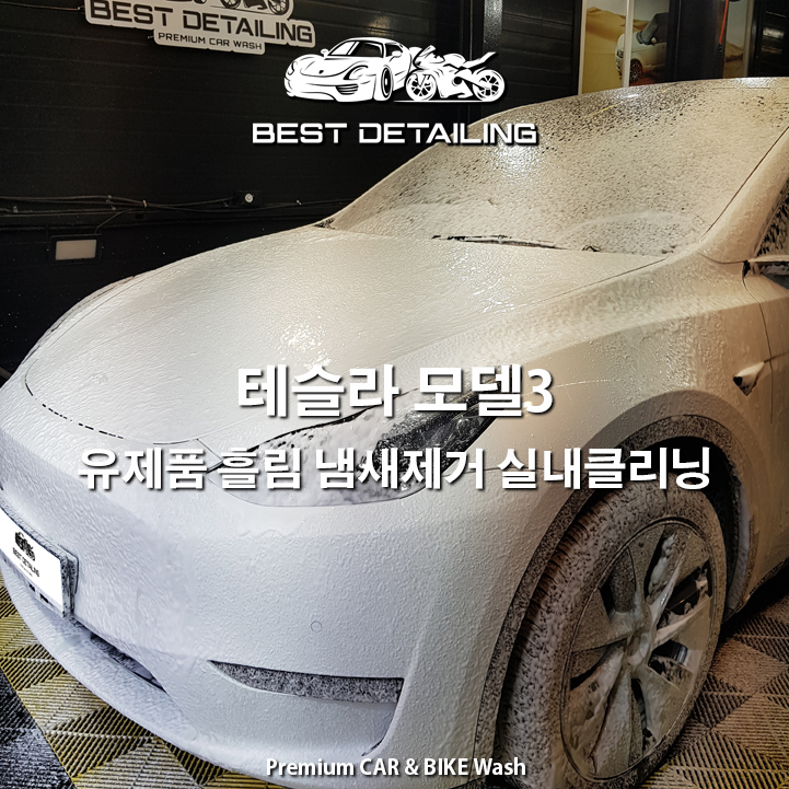 전기차 테슬라 모델3 실내 유제품 요플레 흘림 냄새제거 곰팡이균 제거 실내클리닝 외부 스페셜 디테일링세차 정밀세차 손세차 경기
