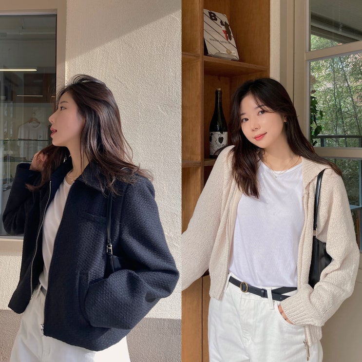 디자이너브랜드 Fromwhere 프롬웨얼 트위드자켓 니트집업 화이트진 봄 데일리룩 코디 네이버 블로그