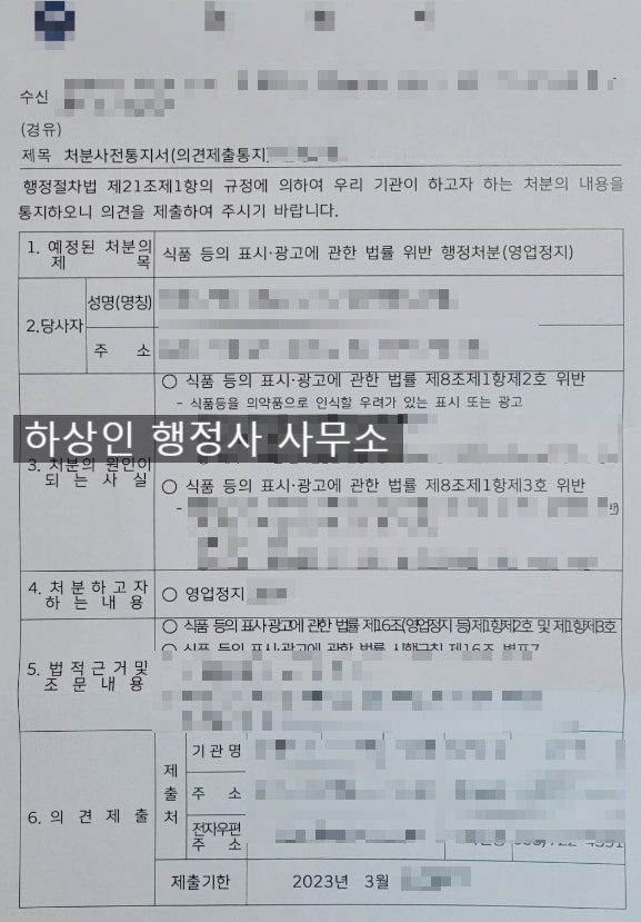 식품 등의 표시 광고에 관한 법률 제8조 제1항 위반에 따른 영업정지 처분과 행정심판 청구 사례 하상인 행정사 사무소