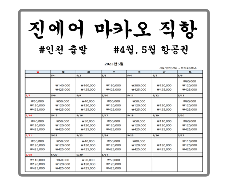 진에어 인천 마카오 직항 항공권 슈퍼로우 4만 원 초특가 3월 4월 비교표 네이버 블로그