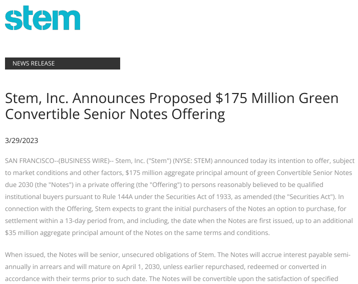 [STEM] Green Convertible Senior Notes Offering : 네이버 블로그
