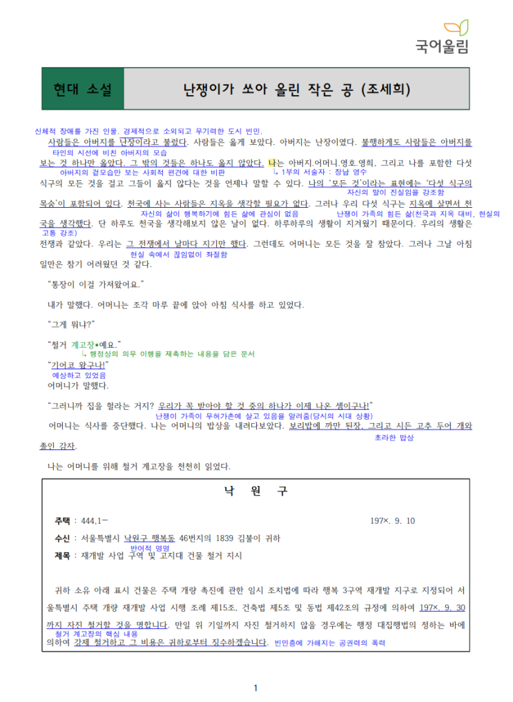 난쟁이가 쏘아 올린 작은 공조세희 분석 지학사 고등 문학 해설 내신 대비 작품 해석 네이버 블로그