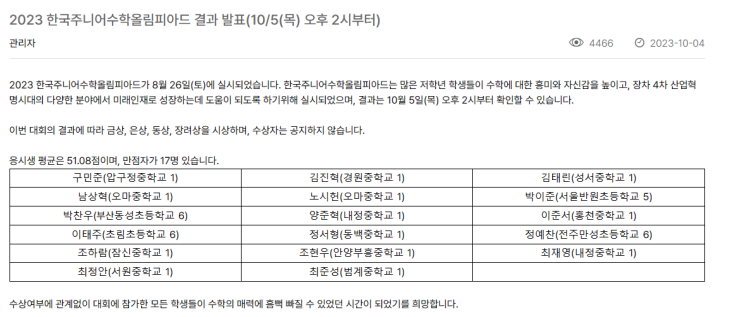 2023년 제 5회 KJMO경시대회 수상컷 확인 : 네이버 블로그