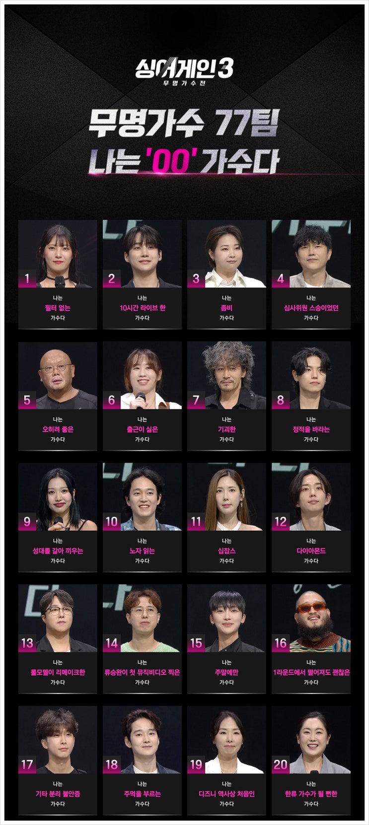 JTBC '싱어게인3 무명가수전' 본선 진출 참가자 77팀 공개 정보 : 네이버 블로그