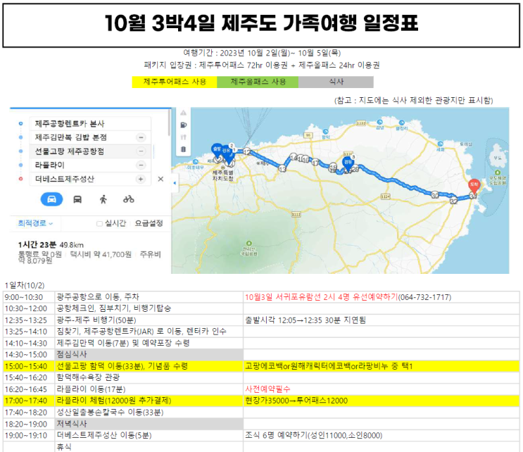제주도 10월 제주도 3박4일 가족여행 일정표 및 총비용엑셀공유제주투어패스 제주올패스 후기 추천 코스 네이버 블로그