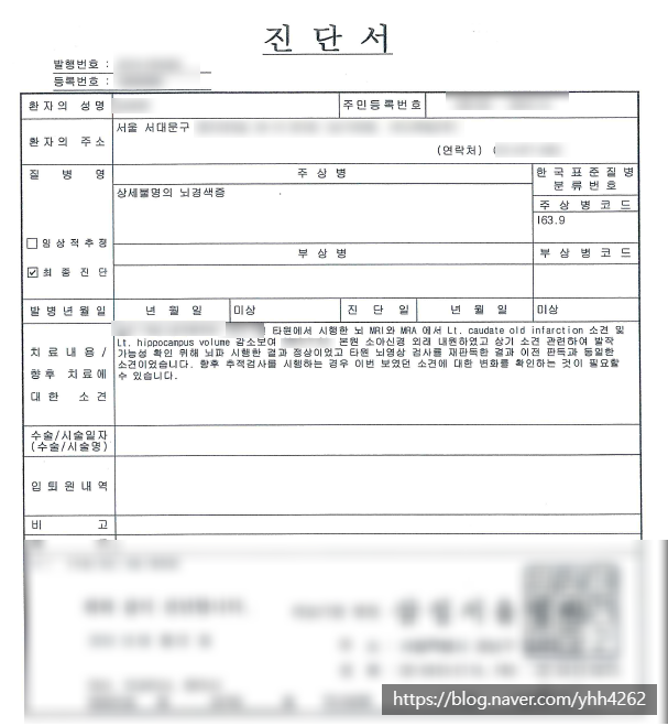 뇌경색증 I63.9 뇌혈관 진단비 보상사례 : 네이버 블로그