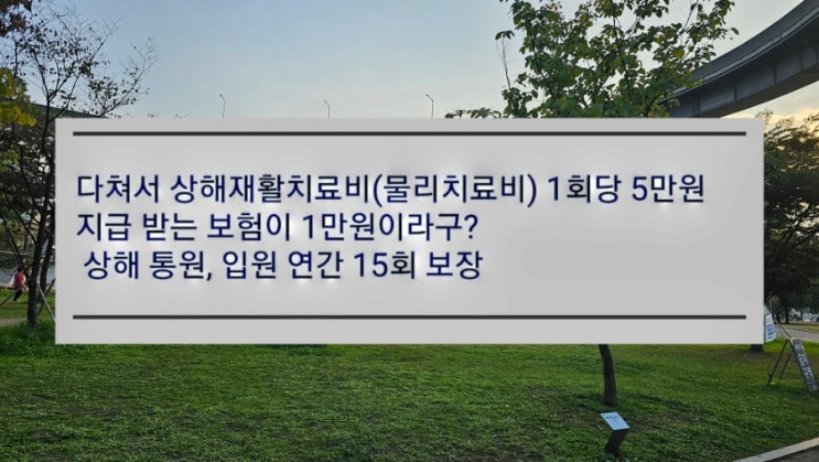 다치거나 교통사고로 상해재활치료비물리치료비 1회당 5만원 지급받는 보험의 보험료 1만원 Ft 상해 통원 시 75만원 한도