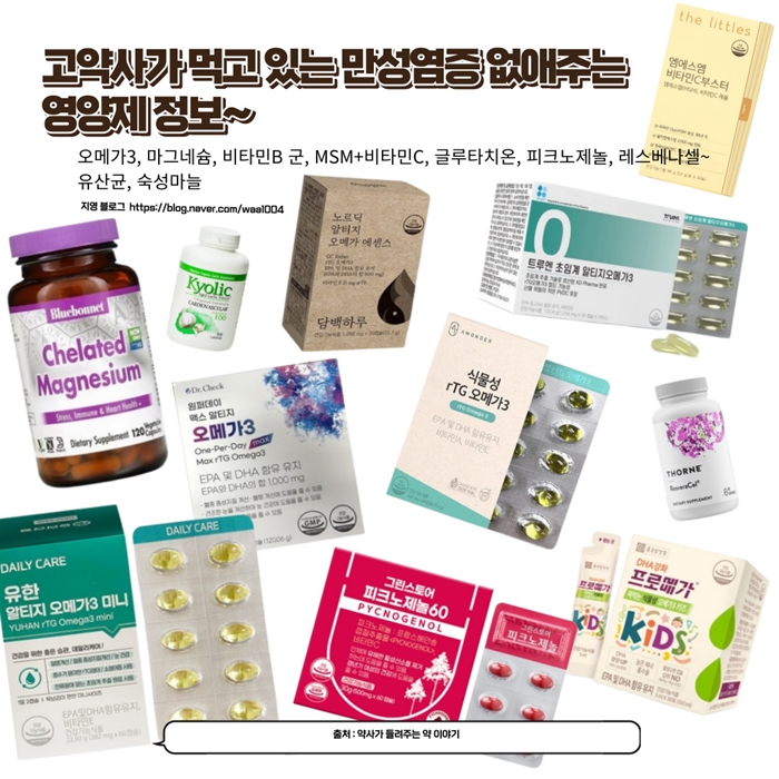 고약사가 먹고 있는 만성염증 없애주는 영양제 정보 오메가3 마그네슘 비타민b 군 Msm비타민c 글루타치온 피크노제놀