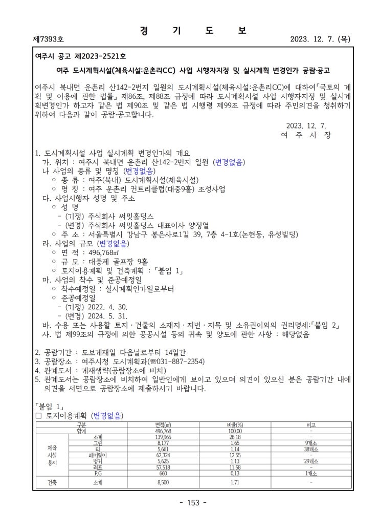 여주 도시계획시설체육시설운촌리cc 사업 시행자지정 및 실시계획 변경인가 공람․공고 네이버 블로그