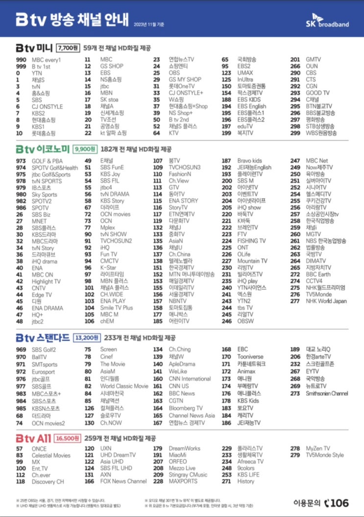 📺[SKT PS&M 구산역점] SK Btv채널 편성표 안내📺 : 네이버 블로그