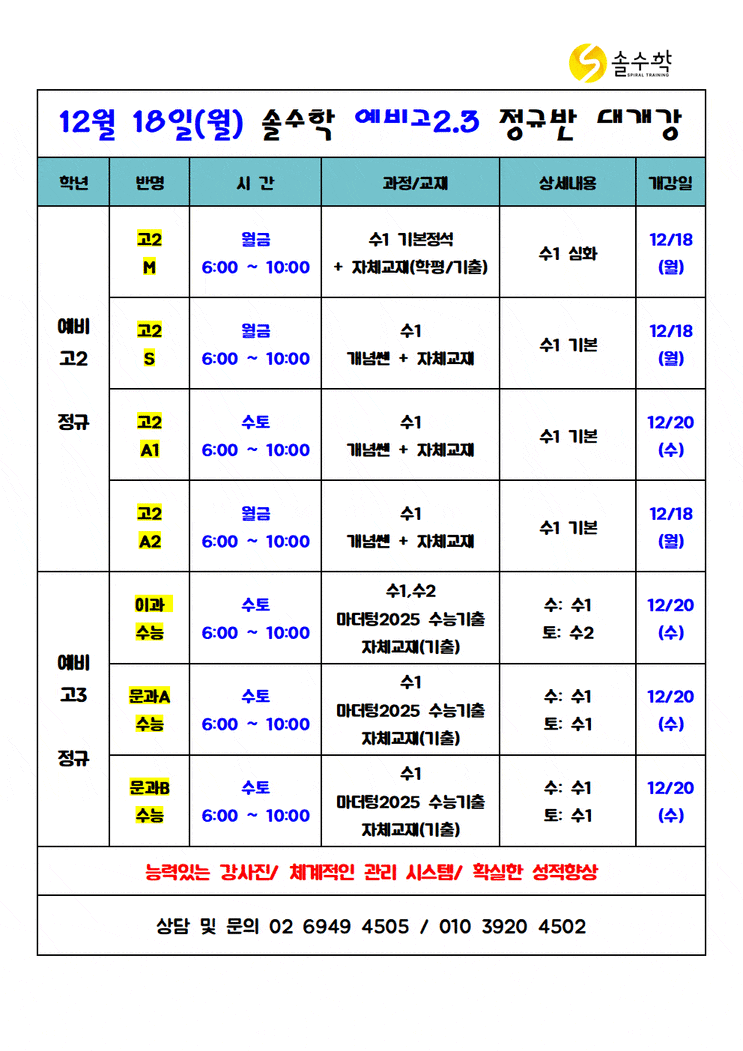 솔수학 고등부 예비 고 23 정규반 개강 안내 12월18일 월~ 네이버 블로그