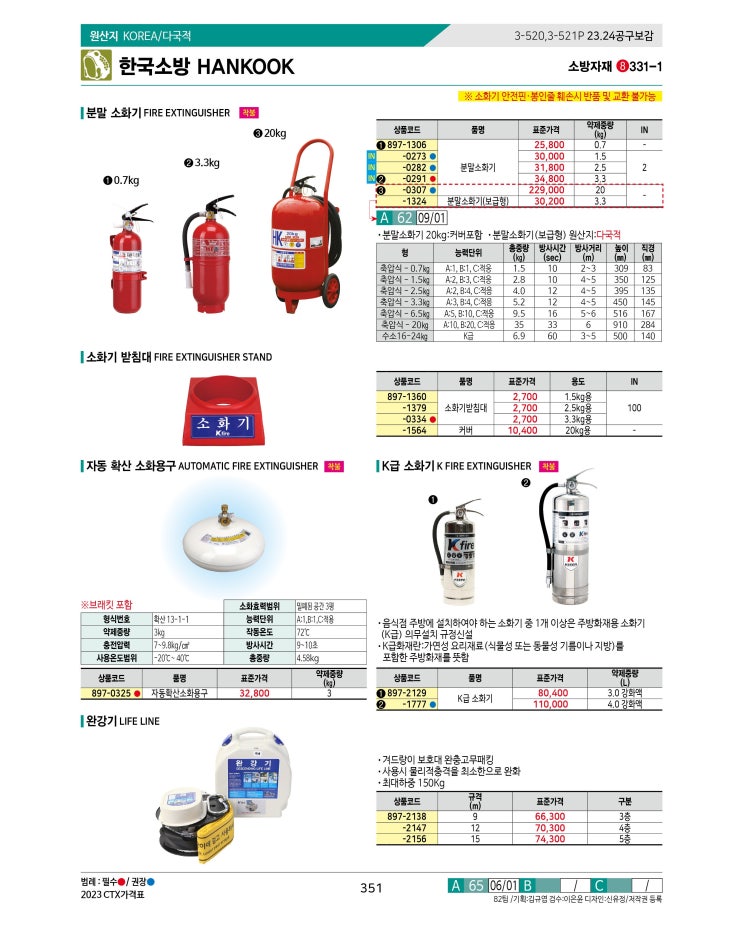 한국소방 소방자재 제품모음 분말소화기 금속화재소화기 자동확산소화용구 K급소화기 소화기받침대 커버 완강기