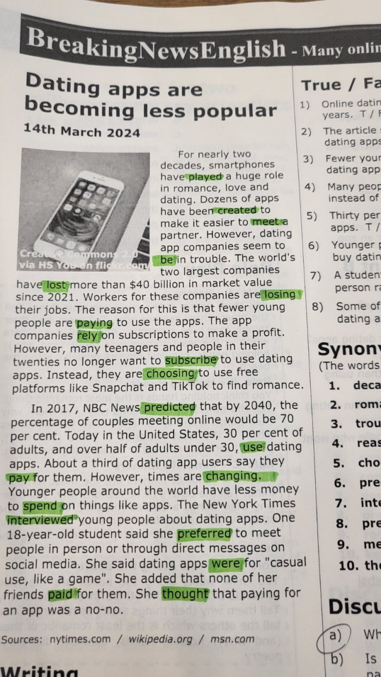 영자신문/Breaking news English / Dating apps are becoming less popular ...