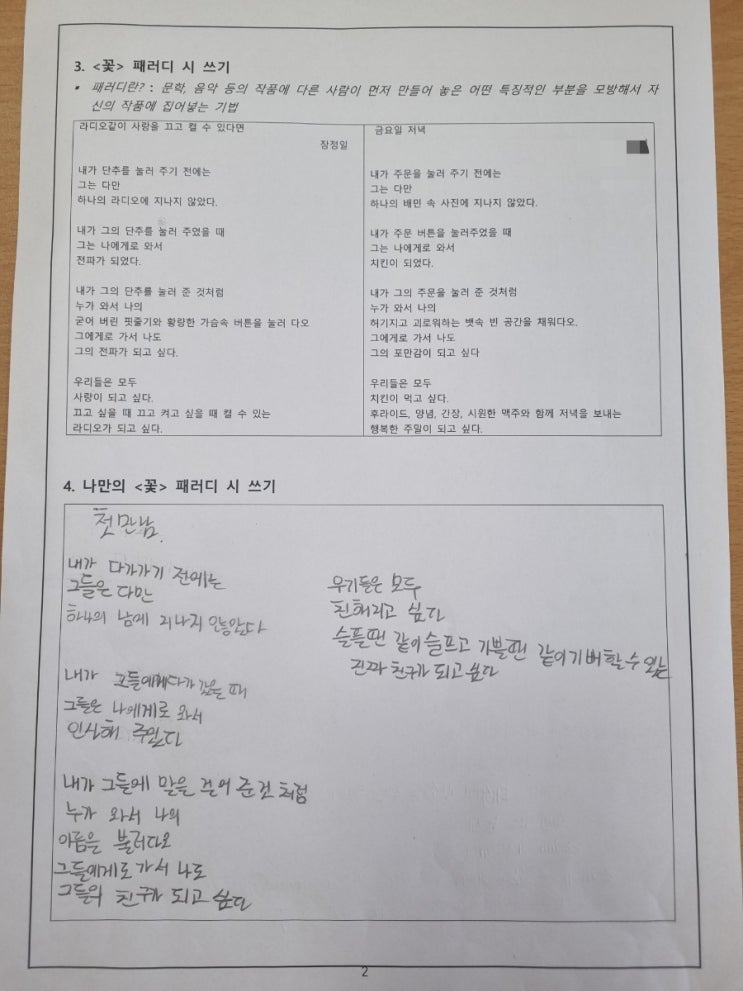 중1 국어 상징 수업 김춘수 꽃 패러디 시 쓰기학부모 공개 수업 네이버 블로그
