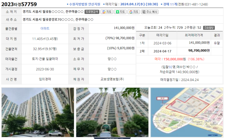 2024년 4월17일 ~ 19일 경매 결과 살펴보기 인기 있었던 물건 꼭 알아야 할 물건 월곶 아파트 무려 92명 입찰