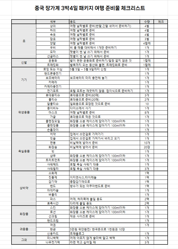 중국 장가계 직항 3박4일 패키지 여행 준비물 환전 이심 로밍 체크리스트 파일 무료 배포 네이버 블로그