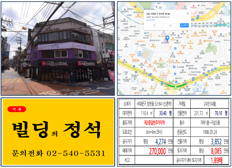 서대문구 신촌 먹자상권 20억 꼬마빌딩 실거래가 조회 창천동 52 84 신촌역 27억 원 평당 8085만 원 매매되었습니다