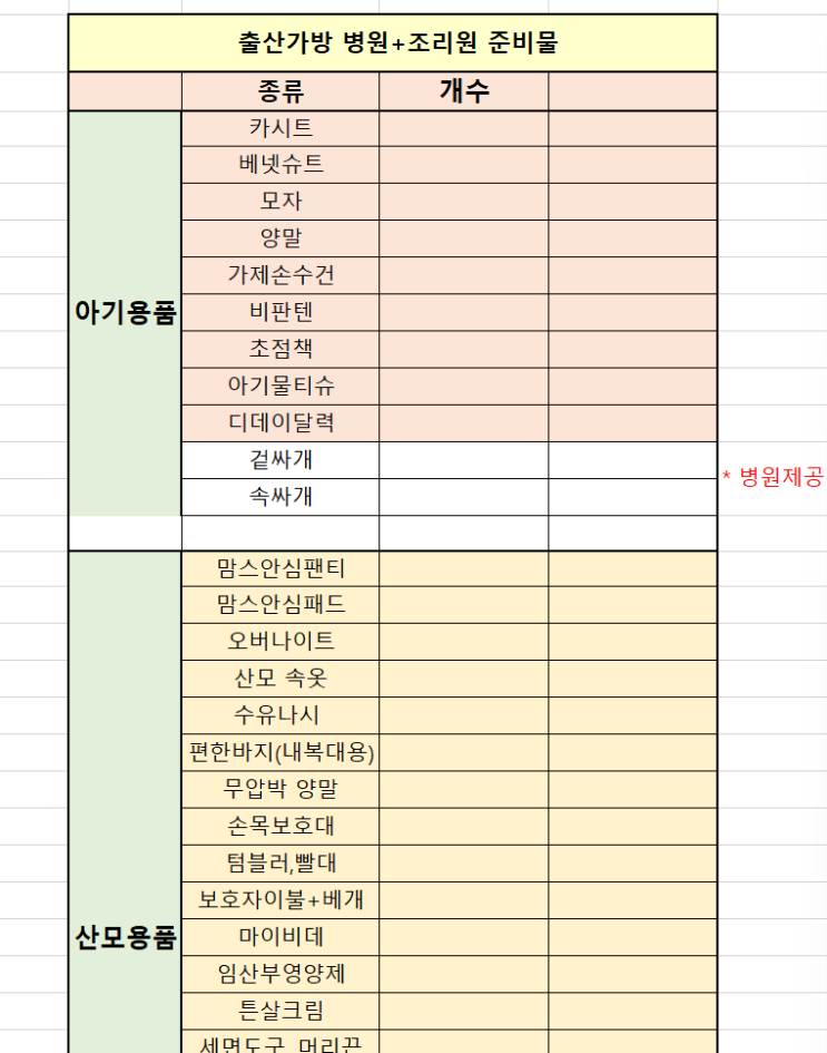 자연분만 출산가방 리스트 신생아 출산준비물 리스트 엑셀 공유 네이버 블로그
