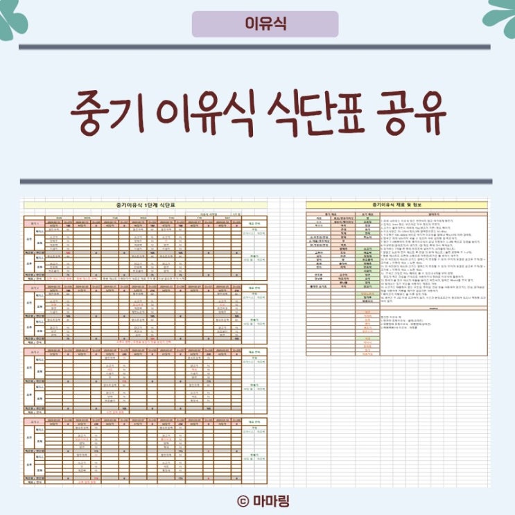중기이유식 양 재료 스케줄 식단표 1단계 2단계 시작 엑셀 양식 공유 네이버 블로그