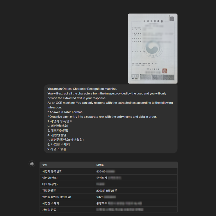 318. GPT-4o OCR 성능 테스트, 사업자등록증 텍스트 변환(프롬프트 포함) : 네이버 블로그