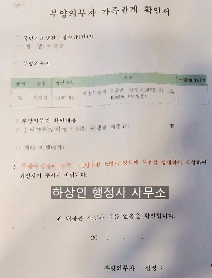 국민기초생활보장법에 따른 부양의무자의 부양의무자 가족관계 확인서 작성 하상인 행정사 사무소 네이버 블로그