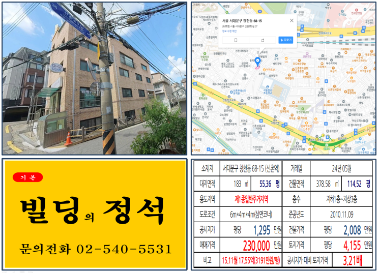 서대문구 신촌 월세 받는 꼬마빌딩 실거래가 조회 창천동 68 15 신촌역 23억 원 평당 4155만 원 매매되었습니다
