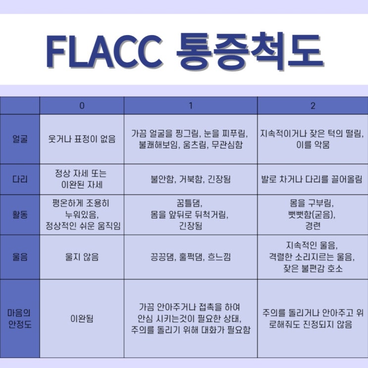 FLACC 통증사정평가척도 대상자 구성요소 사용법 점수해석 : 네이버 블로그
