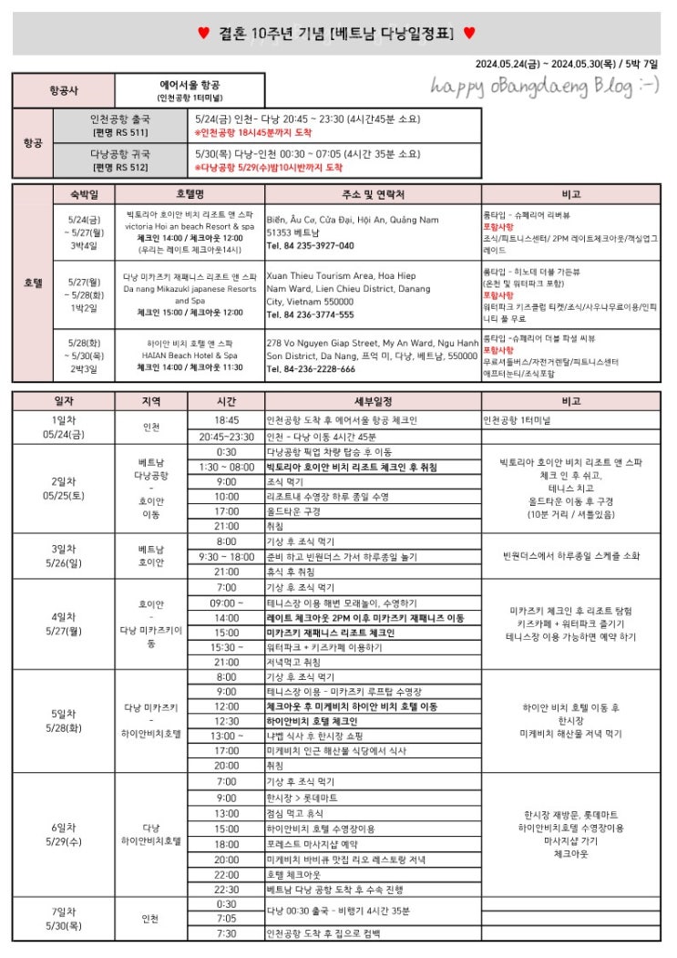 베트남 다낭 아이랑 함께 하는 5박7일 자유여행 일정표 호텔항공 준비물 리스트공유 자료 공유 네이버 블로그