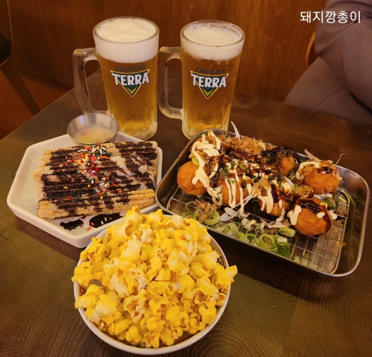 일산 장항동 라페스타 정발산역 술집 맛집 치마이생 일산본점 타코야키 달콤 츄러스 초저가 세일 테라 생맥주 1900원 팝콘 가성비