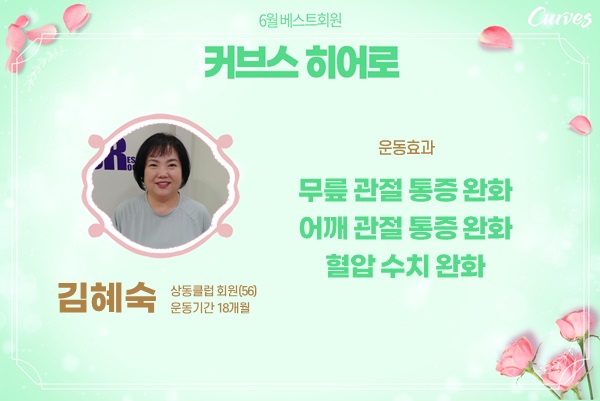6월베스트회원 무릎관절 통증 어깨통증 혈압수치 완화 커브스상동클럽 히어로 부천헬스 상동역여성전용헬스 상동헬스