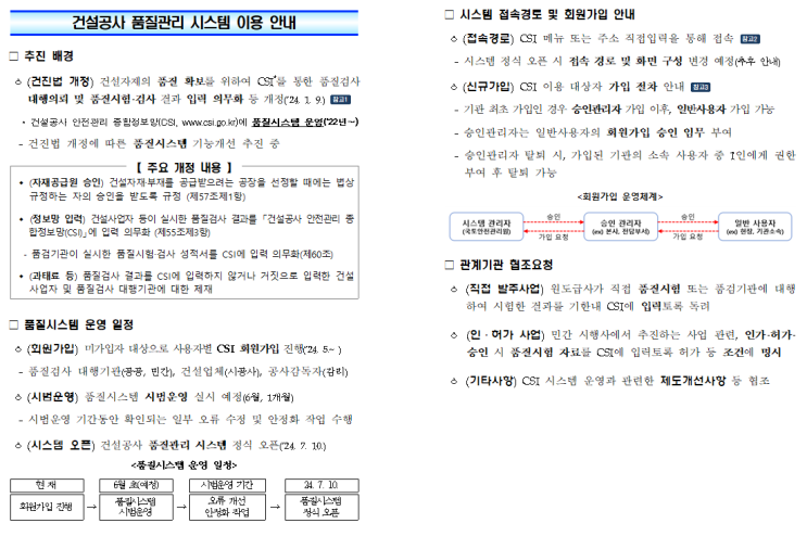 건설기술진흥법 시행규칙 일부개정령안건설공사 품질관리 시스템 이용안내주요 개정내용csi건설공사 안전관리 종합정보망품질시험실